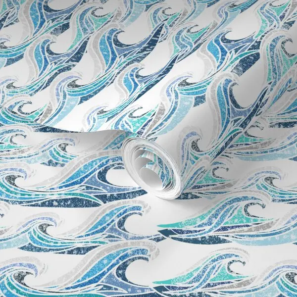 Spoonflower Vintage Blue Retro Beach Waves Tropical Woven Custom Pre-pasted Wallpaper - Blue,gray