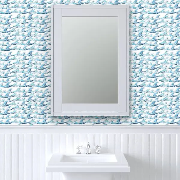 Spoonflower Vintage Blue Retro Beach Waves Tropical Woven Custom Pre-pasted Wallpaper - Blue,gray