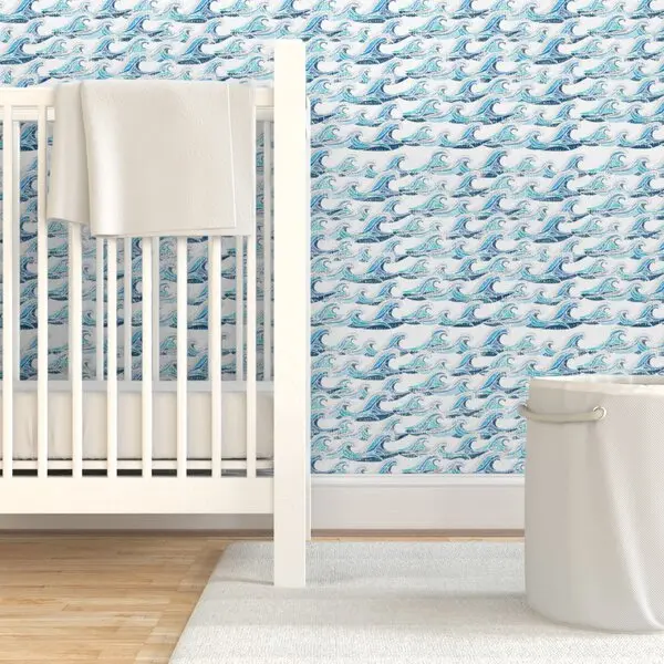 Spoonflower Vintage Blue Retro Beach Waves Tropical Woven Custom Pre-pasted Wallpaper - Blue,gray