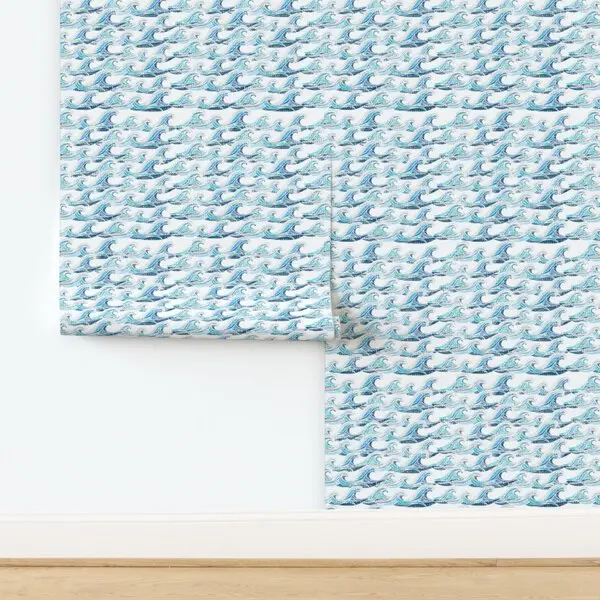 Spoonflower Vintage Blue Retro Beach Waves Tropical Woven Custom Pre-pasted Wallpaper - Blue,gray