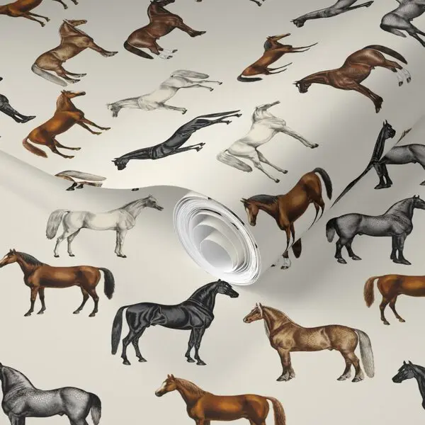 Spoonflower Small Vintage Horses Custom Pre-pasted Wallpaper - Brown,gray