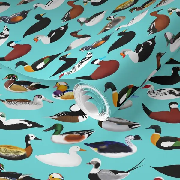 Spoonflower Birds Water Animals Pond Lake Ducks Fauna Custom Pre-pasted Wallpaper - Teal,brown,gray