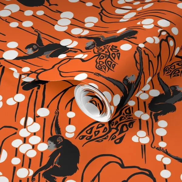 Spoonflower Vintage Orange Animals Art Deco Monkey Vermillion Traditional Wallpaper - Black,gray,brown