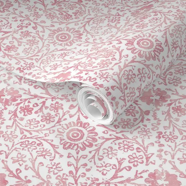 Spoonflower Woodblock Block Dusty Pink And White Rose Custom Removable Wallpaper - White,pink,red