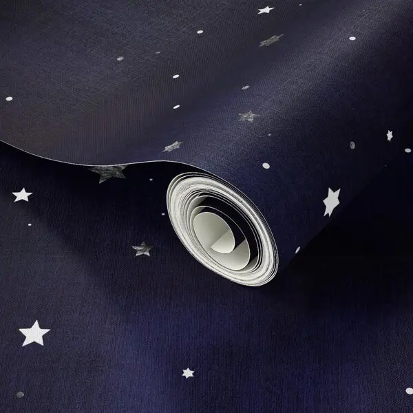 Spoonflower Blue Stars Clouds Sky Magic Silver Midnight Custom Pre-pasted Wallpaper - Black,purple,gray