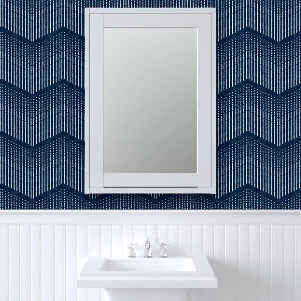 Spoonflower Navy Trendy Decor Dash Tribal Mud Cloth Dark Custom Pre-pasted Wallpaper - White,blue,gray