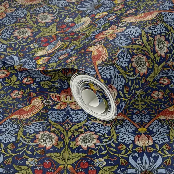 Spoonflower Blue Floral Nature Birds Antique Victorian Damask Traditional Wallpaper - Brown,purple,blue