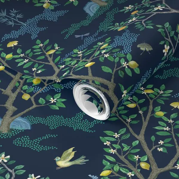 Spoonflower Green Leaves Birds Trees Citrus Navy Lemons Custom Pre-pasted Wallpaper - Blue,gray,green