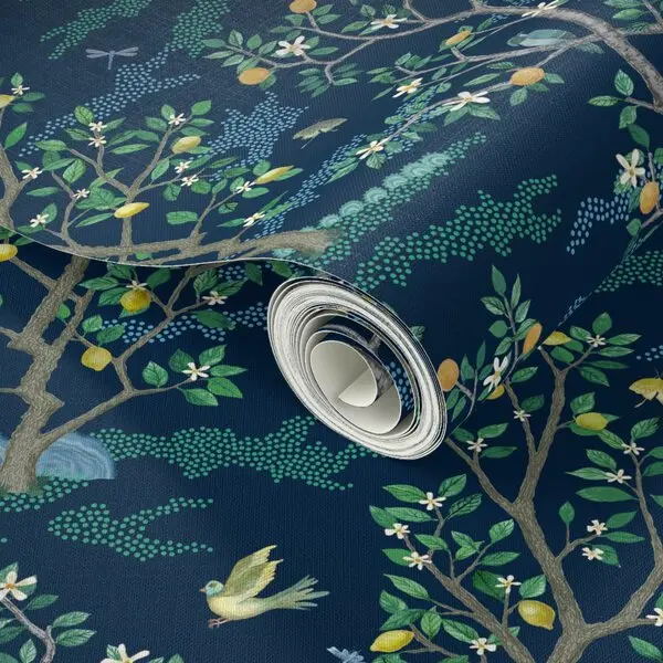 Spoonflower Green Leaves Birds Trees Citrus Navy Lemons Custom Pre-pasted Wallpaper - Blue,gray,green