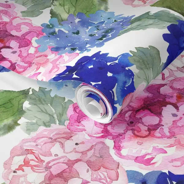 Spoonflower Spring Hydrangea Watercolor Flowers Summer Blooms Custom Removable Wallpaper - Blue,pink,green