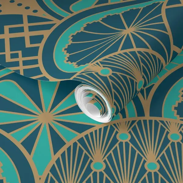 Spoonflower Fruit Gold Art Deco Peacock Scales 1920s Custom Removable Wallpaper - Blue,green,brown
