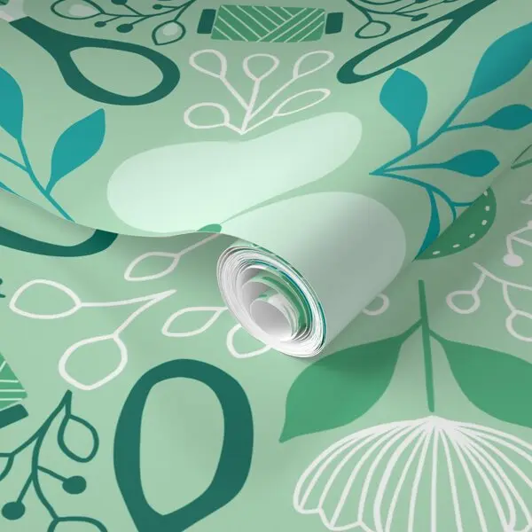 Spoonflower Scissors Fun Flowers Floral Mint Button Custom Pre-pasted Wallpaper - Blue,green,mint