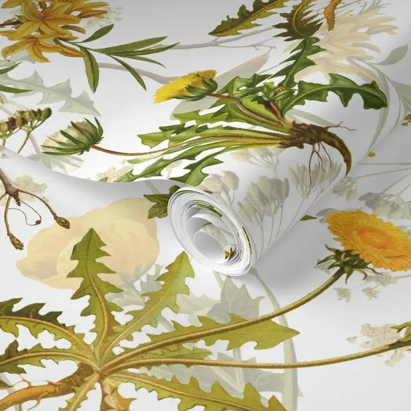 Spoonflower Historical Wild Flower Summer Floral Garden Traditional Wallpaper - Green,yellow,brown