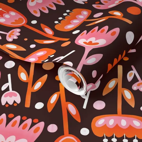 Spoonflower Pink Black Floral Retro Orange Abstract Tulips Traditional Wallpaper - Brown,orange,gray