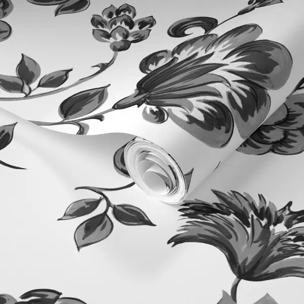 Spoonflower Shabby Chic French Floral Monochrome Flowers Black Traditional Wallpaper - White,black,gray