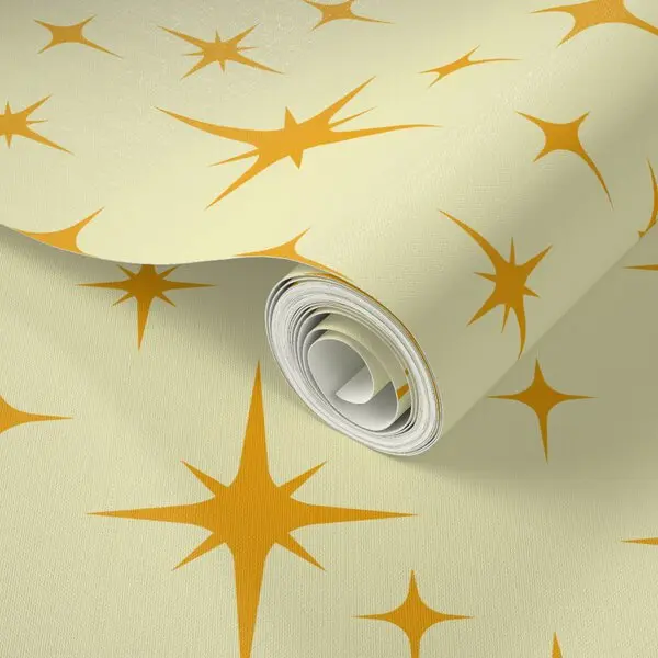 Spoonflower Vintage Stars Retro Orange 1950s Space Custom Pre-pasted Wallpaper - Green,yellow,sage