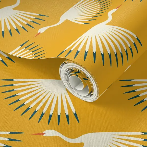 Spoonflower Art Deco Cranes Marigold Yellow Bird Retro Custom Pre-pasted Wallpaper - Yellow,beige,green