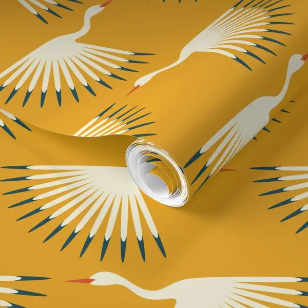 Spoonflower Art Deco Cranes Marigold Yellow Bird Retro Custom Pre-pasted Wallpaper - Yellow,beige,green