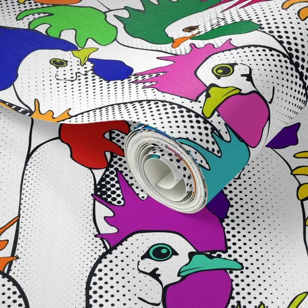 Spoonflower Chicken Chickens Pop Art Poultry Farm Custom Pre-pasted Wallpaper - Rainbow