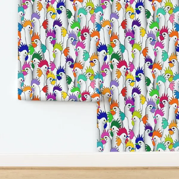 Spoonflower Chicken Chickens Pop Art Poultry Farm Custom Pre-pasted Wallpaper - Rainbow