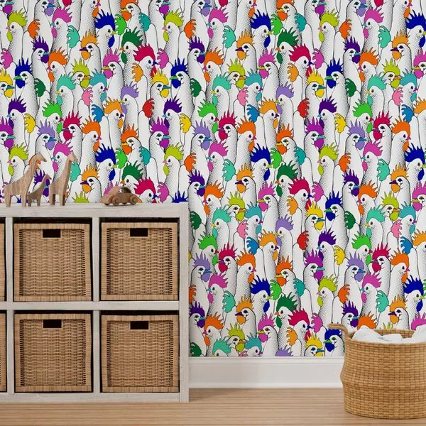 Spoonflower Chicken Chickens Pop Art Poultry Farm Custom Pre-pasted Wallpaper - Rainbow