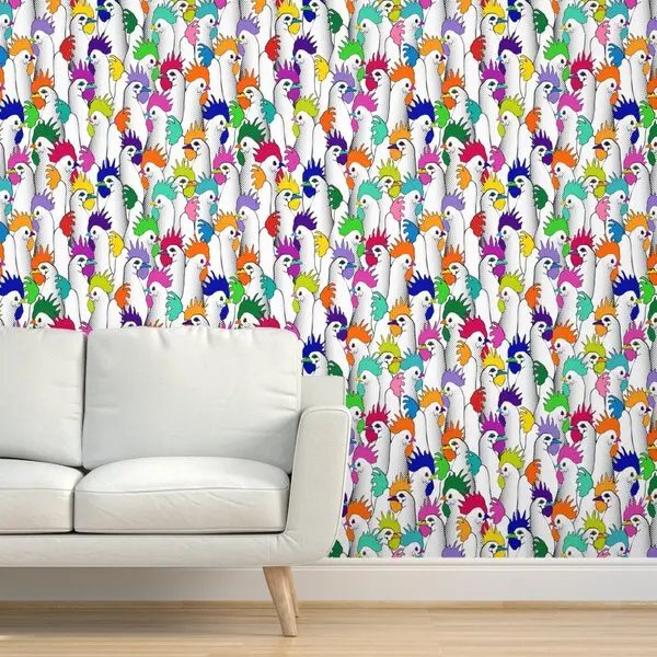 Spoonflower Chicken Chickens Pop Art Poultry Farm Custom Pre-pasted Wallpaper - Rainbow