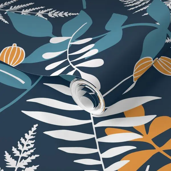 Spoonflower Yellow Blue Leaves White Floral Leaf Fern Traditional Wallpaper - Blue,yellow,beige