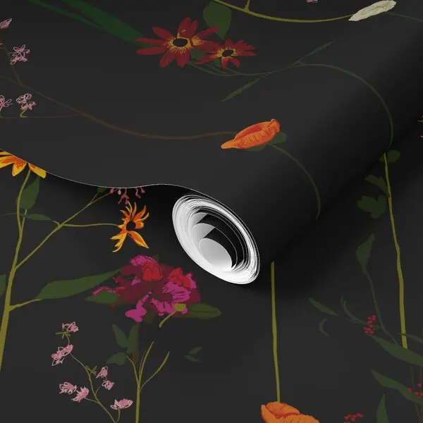 Spoonflower Flower Stripe Flowers Floral Modern Stripes Dark Custom Pre-pasted Wallpaper - Black