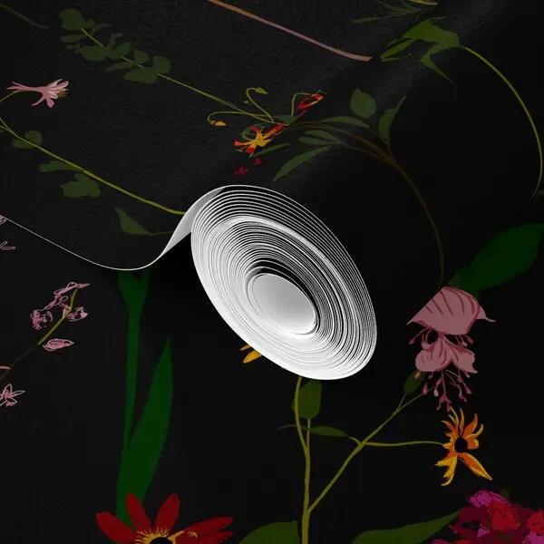 Spoonflower Flower Stripe Flowers Floral Modern Stripes Dark Custom Pre-pasted Wallpaper - Black