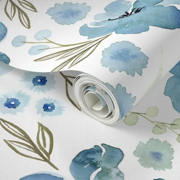 Spoonflower Blue Floral Foliage Subtle Flora Watercolors Custom Pre-pasted Wallpaper - Blue,green