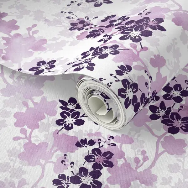 Spoonflower Flowers Floral Nature Sakura Mauve Lavender Custom Pre-pasted Wallpaper - Purple