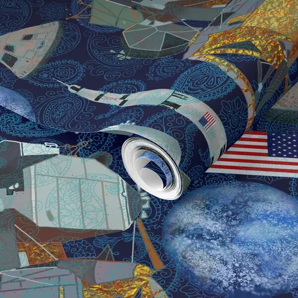 Spoonflower Earth Paisley Space Moon Astronaut Usa Rocket Custom Pre-pasted Wallpaper - Gray,blue