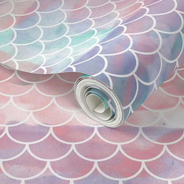 Spoonflower Watercolor Scales Mermaid Fish Dragon Pink Blue Custom Removable Wallpaper - Blue,pink,white