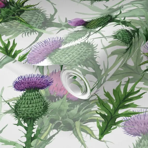 Spoonflower Flowers Large Watercolour Thistles Jumbo Custom Pre-pasted Wallpaper - Green