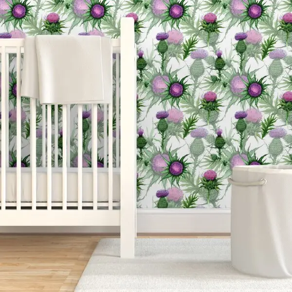 Spoonflower Flowers Large Watercolour Thistles Jumbo Custom Pre-pasted Wallpaper