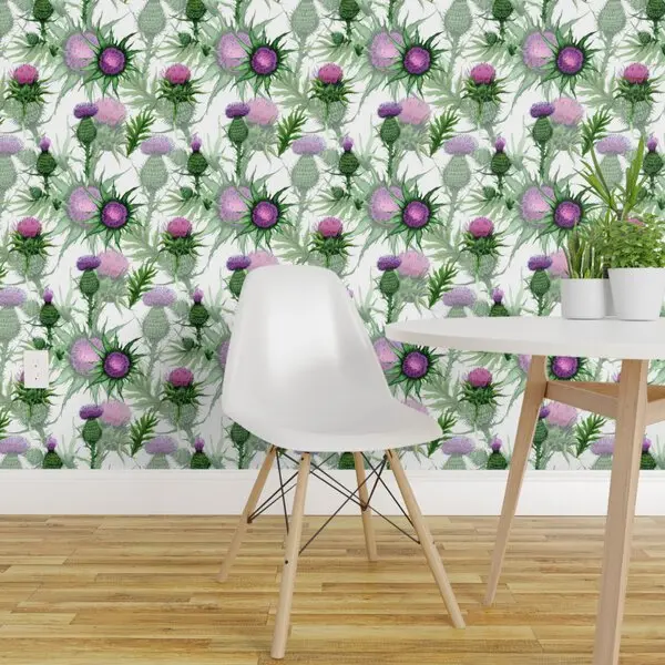 Spoonflower Flowers Large Watercolour Thistles Jumbo Custom Pre-pasted Wallpaper
