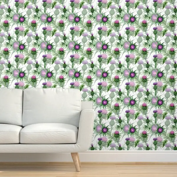 Spoonflower Flowers Large Watercolour Thistles Jumbo Custom Pre-pasted Wallpaper