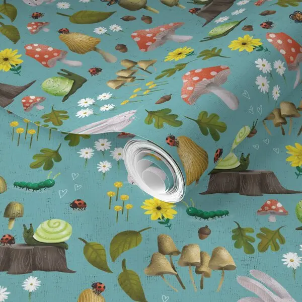 Spoonflower Butterfly Forest Woodland Bunny Snail Ladybug Custom Pre-pasted Wallpaper - Green,brown