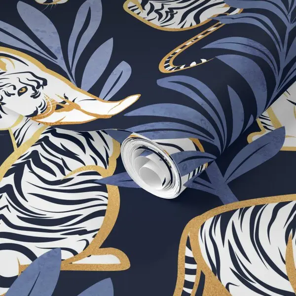 Spoonflower Maximalist Tiger Animalier Bold Graphic Blue Traditional Wallpaper - White