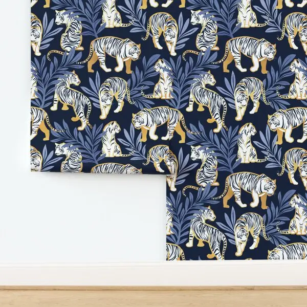 Spoonflower Maximalist Tiger Animalier Bold Graphic Blue Traditional Wallpaper