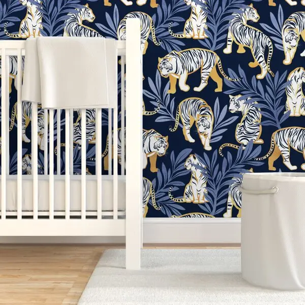 Spoonflower Maximalist Tiger Animalier Bold Graphic Blue Traditional Wallpaper