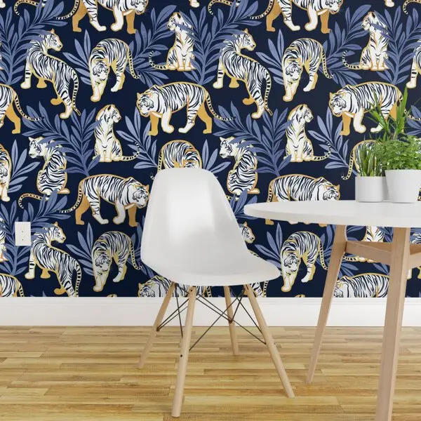 Spoonflower Maximalist Tiger Animalier Bold Graphic Blue Traditional Wallpaper