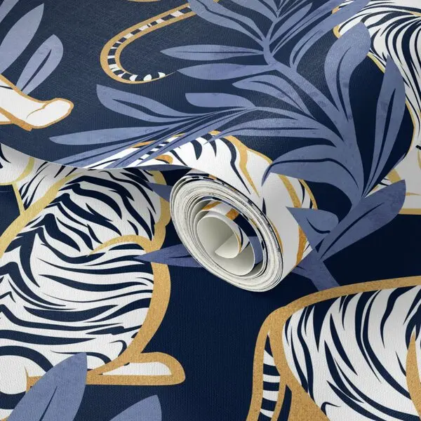 Spoonflower Maximalist Tiger Animalier Bold Graphic Blue Traditional Wallpaper