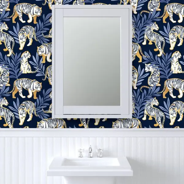 Spoonflower Maximalist Tiger Animalier Bold Graphic Blue Traditional Wallpaper