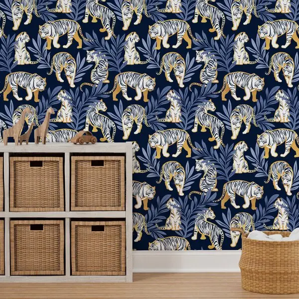 Spoonflower Maximalist Tiger Animalier Bold Graphic Blue Traditional Wallpaper