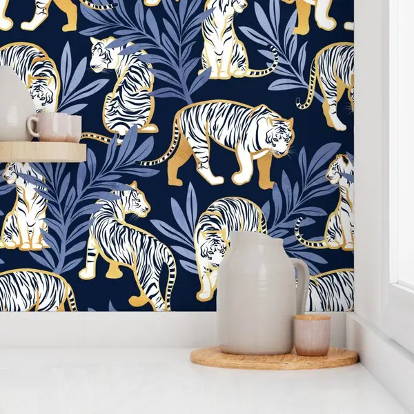 Spoonflower Maximalist Tiger Animalier Bold Graphic Blue Traditional Wallpaper