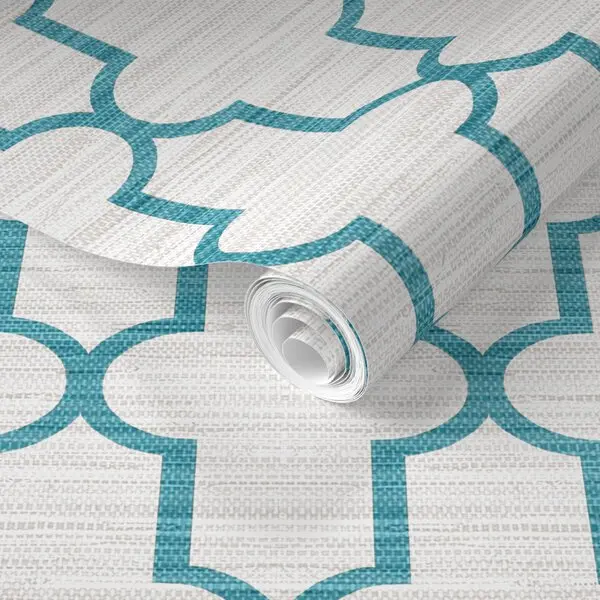 Spoonflower Geometric Ogee Quatrefoil Grasscloth Traditional Wallpaper - Blue,white,gray