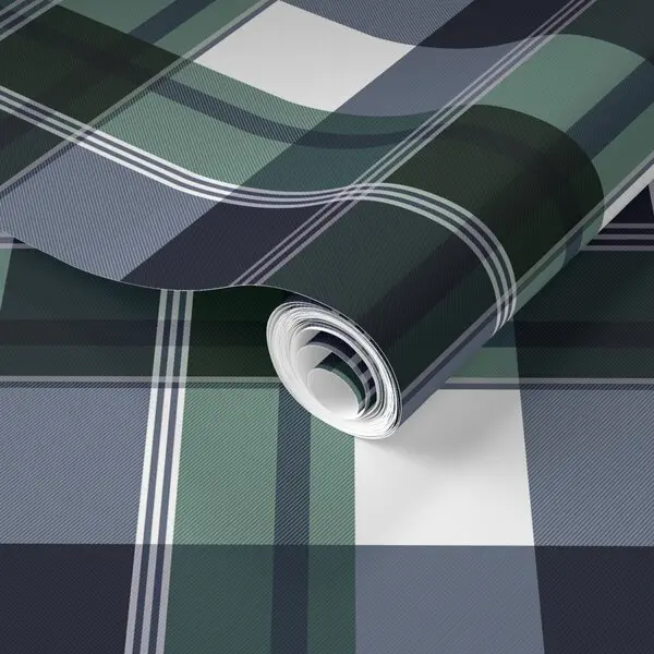 Spoonflower Green Plaid Winter Navy Tartan Custom Removable Wallpaper - Blue,green,white