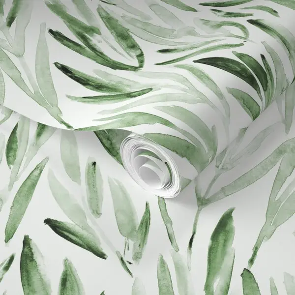 Spoonflower Eucalyptus Leaves Watercolor Nature Green Leaf Custom Pre-pasted Wallpaper - Green,white,mint