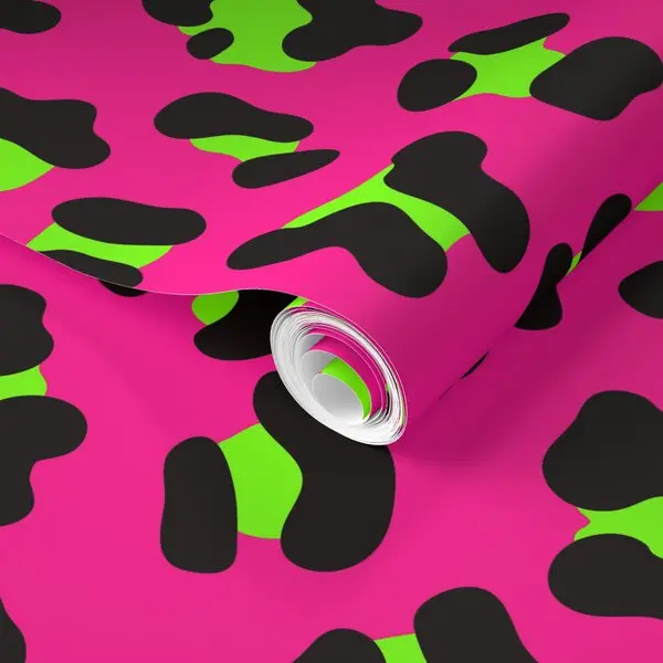 Spoonflower 80s Neon Pink Lime Green Leopard Print Retro Custom Pre-pasted Wallpaper - Pink,green,brown